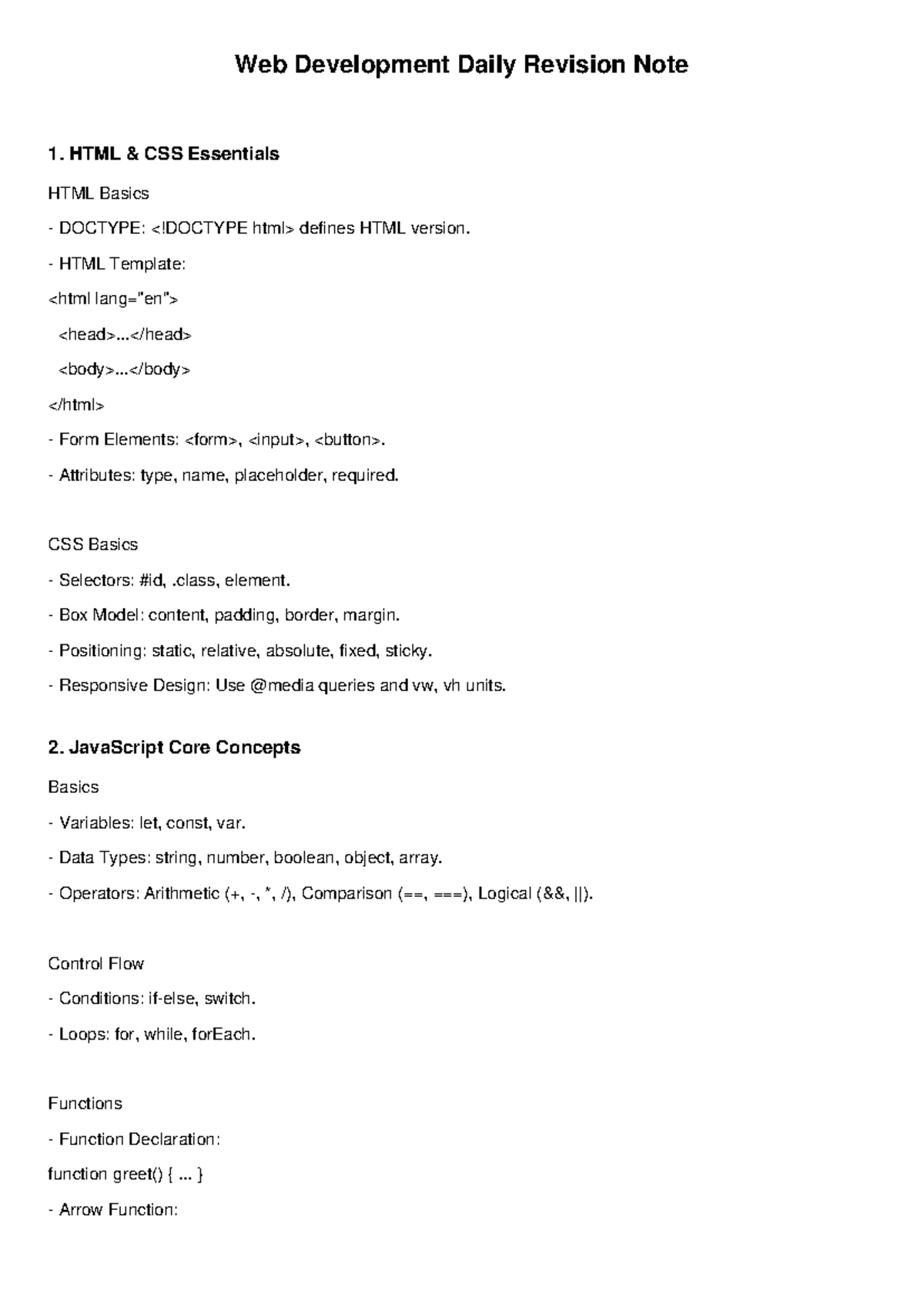 Web Development Daily Revision Note - HTML & CSS Essentials HTML Basics ...