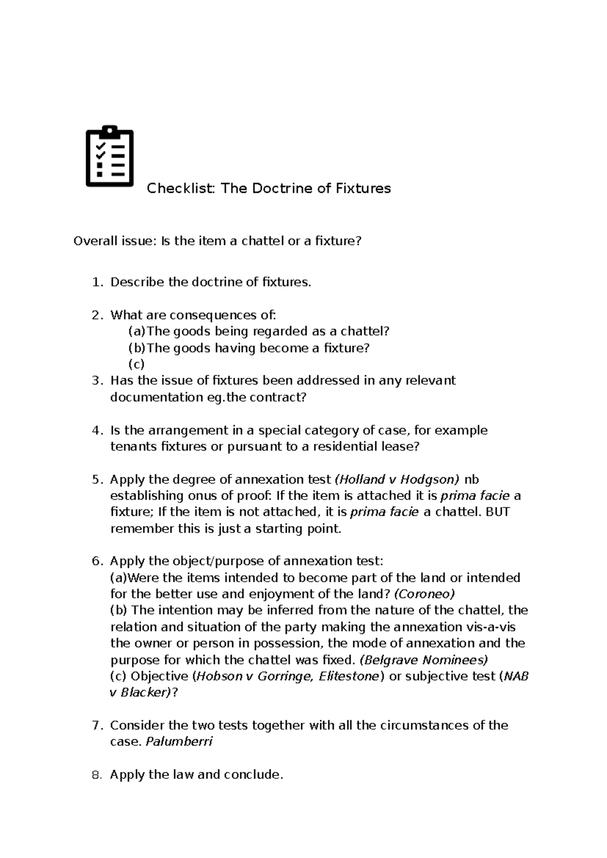 Checklist: The Doctrine of Fixtures - Chattels vs. Fixtures Analysis ...