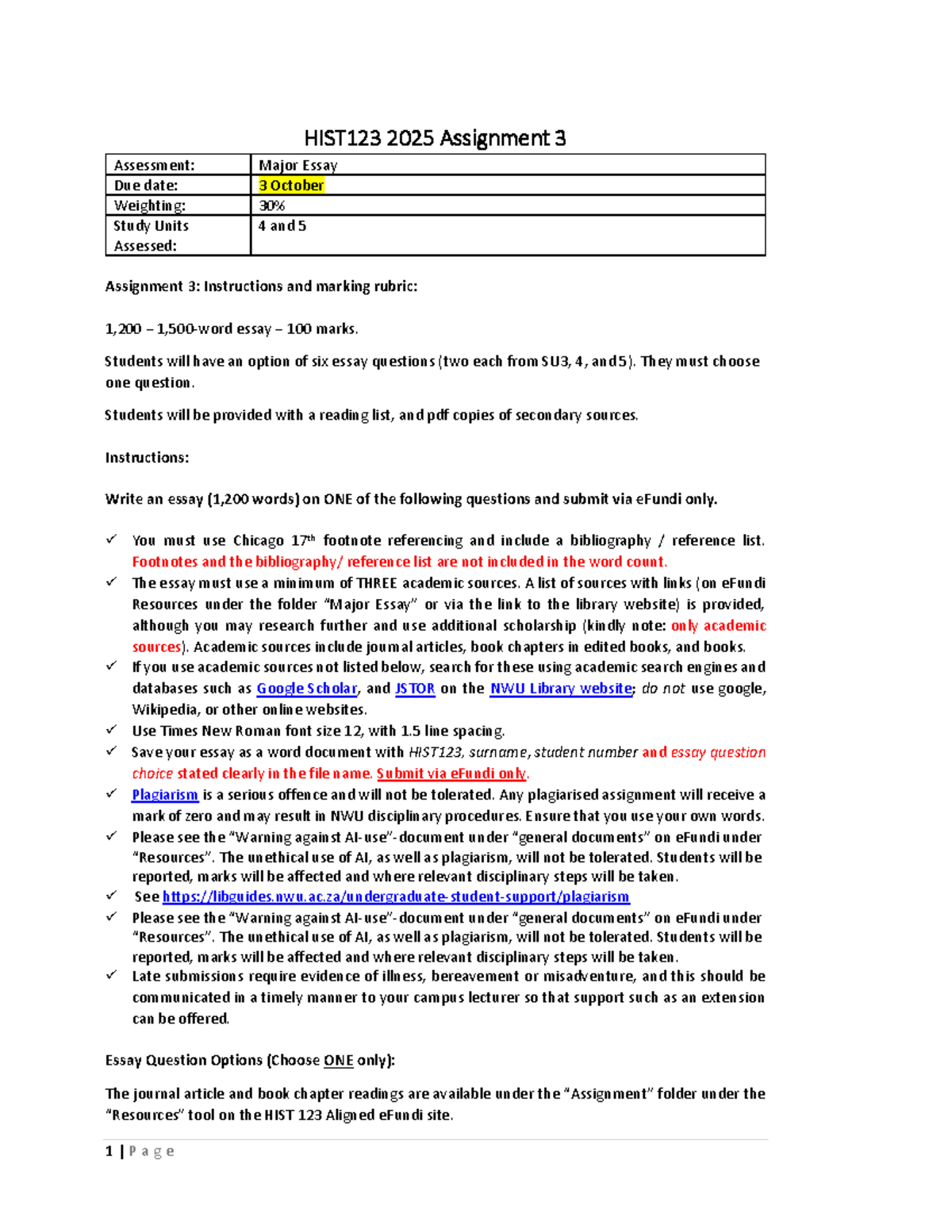 HIST123 Major Essay Assignment 3 Guidelines and Instructions - Studocu