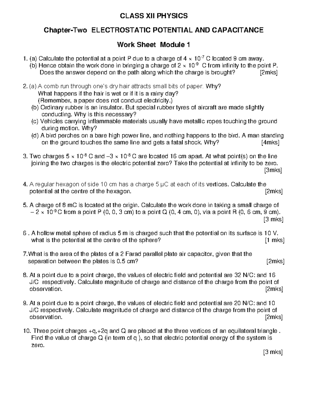 WORK Sheet Class XII Physics Chapter 2 Electrostatic Potential and Capacitance Module -1 JUNE ...