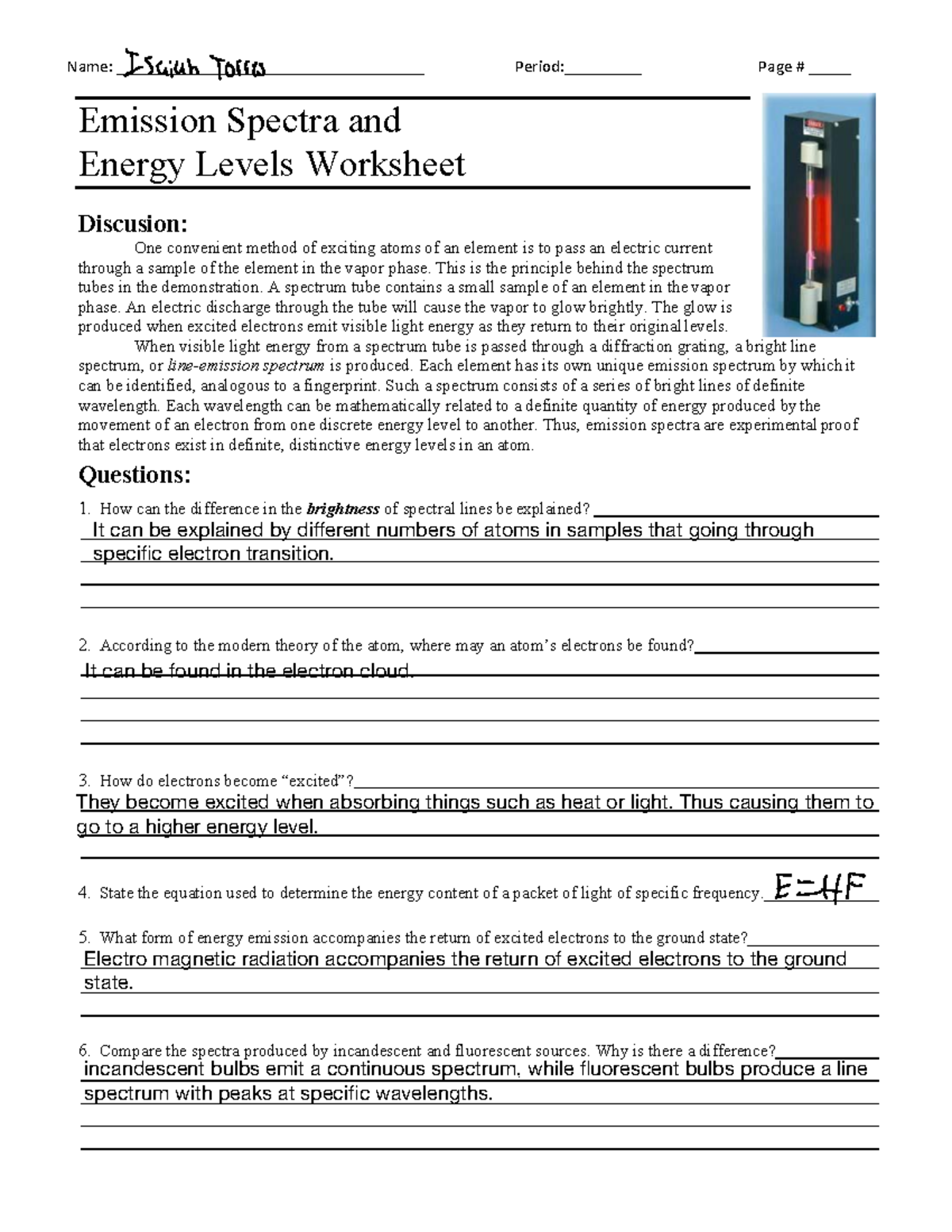 Emission Spectra and energy level worksheet - Name
