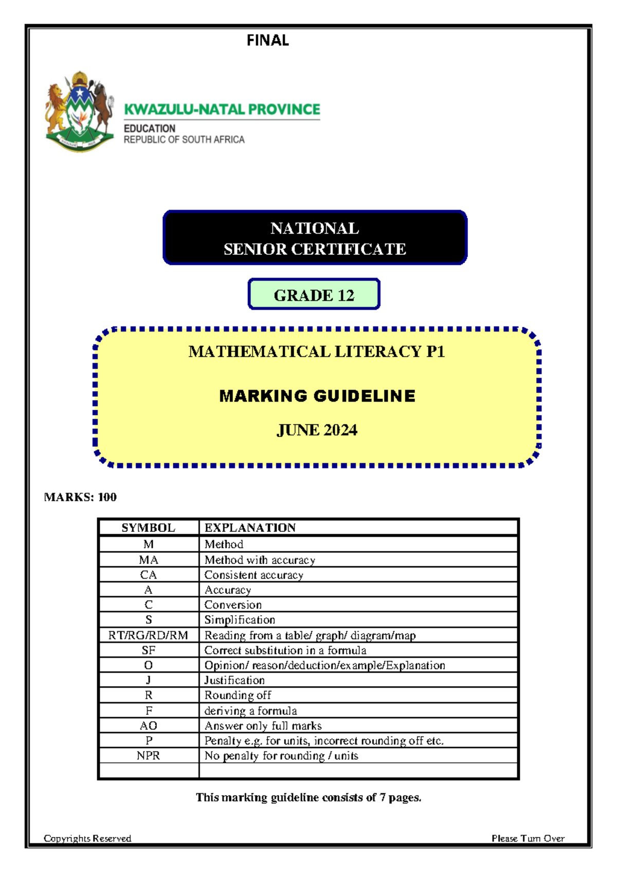 Grade 12 Mathematical Literacy P1 Marking Guideline June 2024 - Studocu