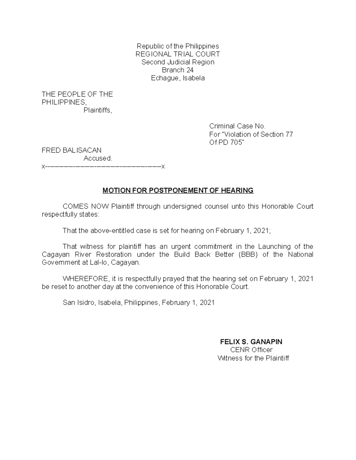 Motion for Postponement of Hearing in Criminal Case No. Violation of PD ...