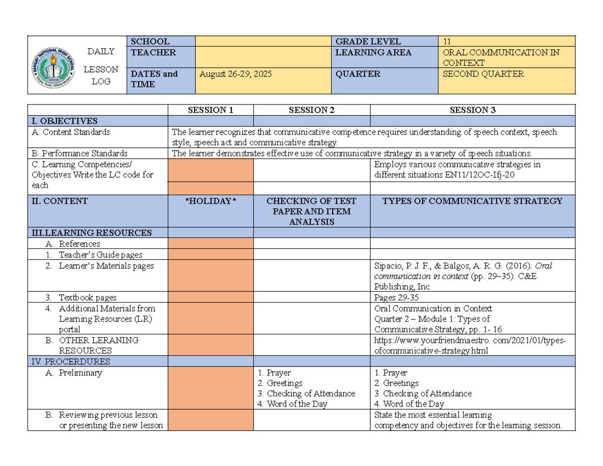 WEEK 1 LESSON PLAN: COMMUNICATIVE STRATEGIES (ORAL COMMUNICATION) - Studocu