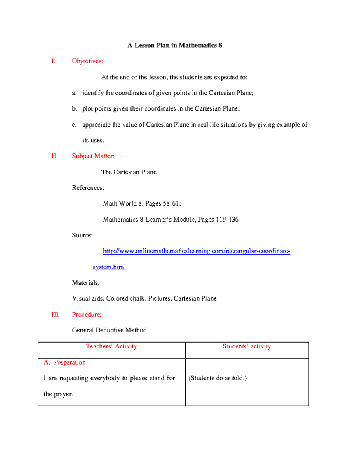Mathematics 8: Lesson Plan on the Cartesian Plane - Studocu