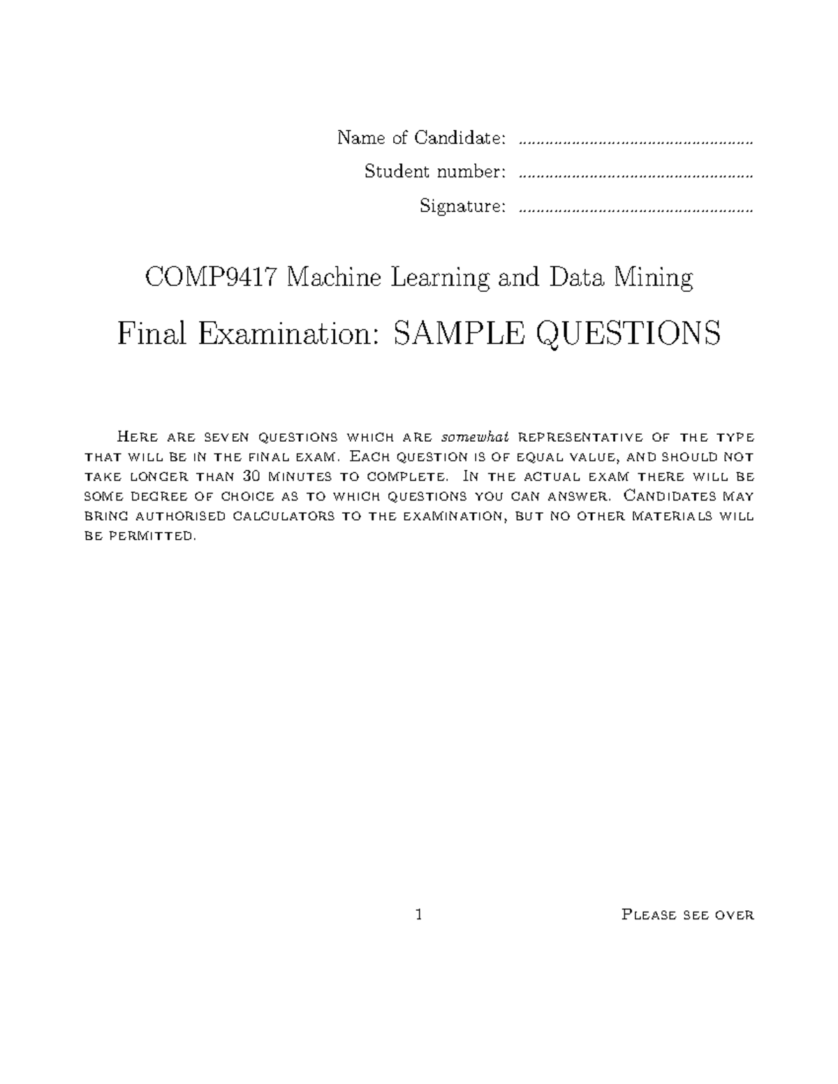 Final Exam COMP9417 Sample Qs & Answers - Machine Learning 2018 - Studocu
