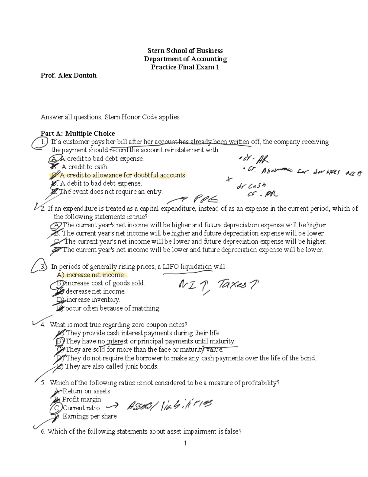 Stern School of Business ACC 101 Practice Final Exam 1 Answers - Studocu