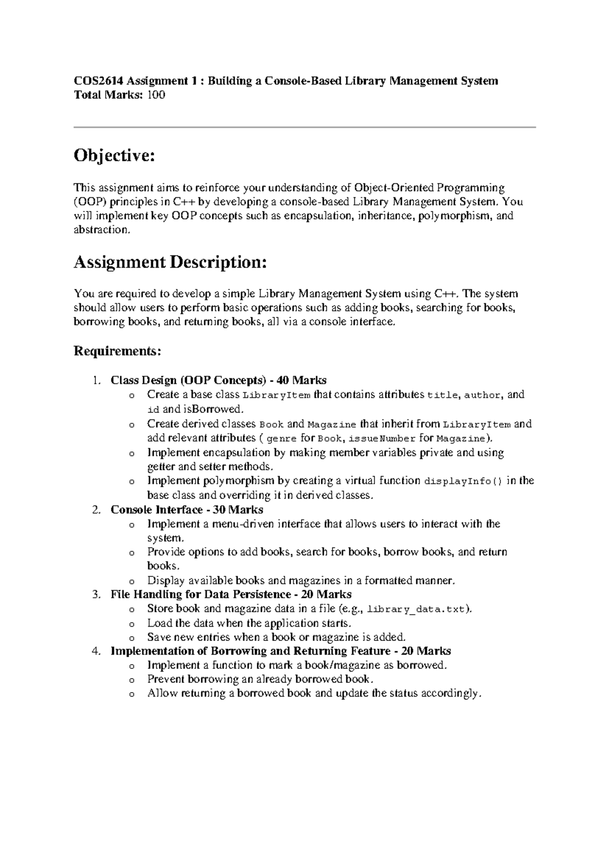 COS2614 Assignment 1: Developing a library management system - Studocu
