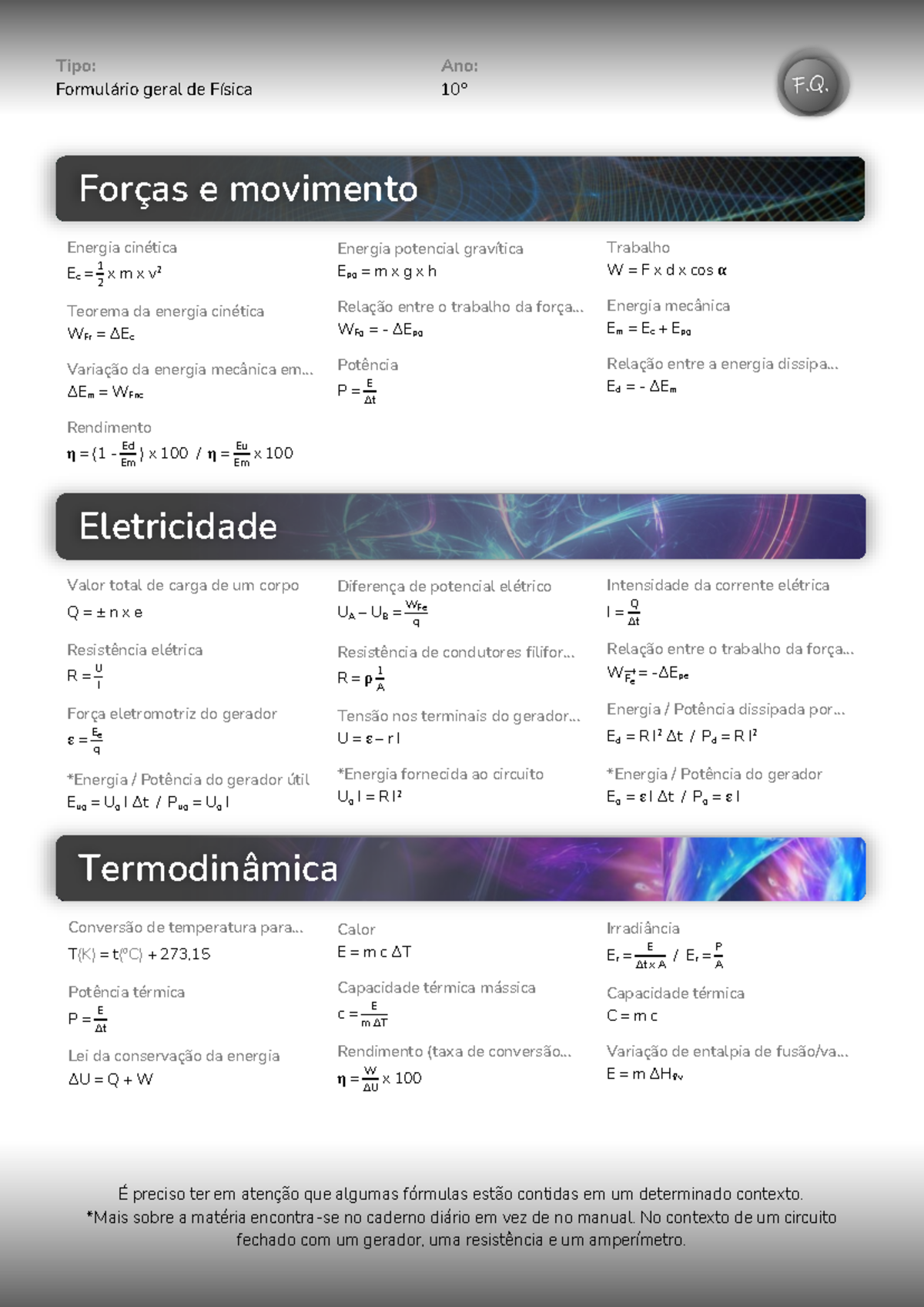 Formulário Geral de Física 10º: Fórmulas e Conceitos Essenciais - Studocu