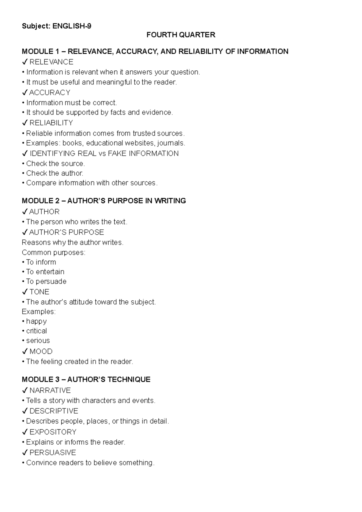 English 9 Q4 M1: Relevance, Accuracy, and Reliability of Info - Studocu