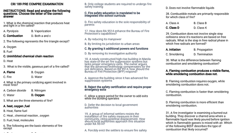 CRI 189 Pre-Comprehensive Exam on Fire Safety and Investigation - Studocu