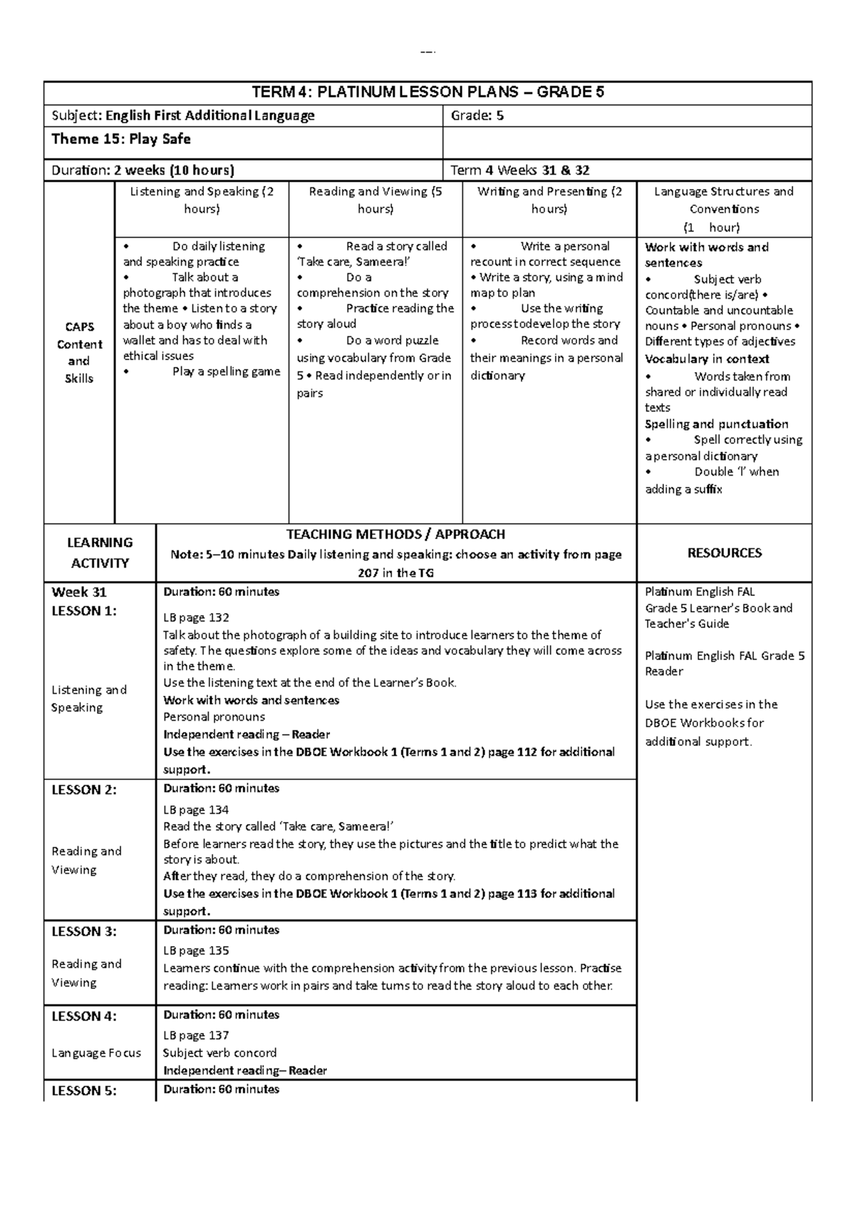 Eng Gr5 Lesson Plan Term 4: Themes on Safety and Dinosaurs - Studocu