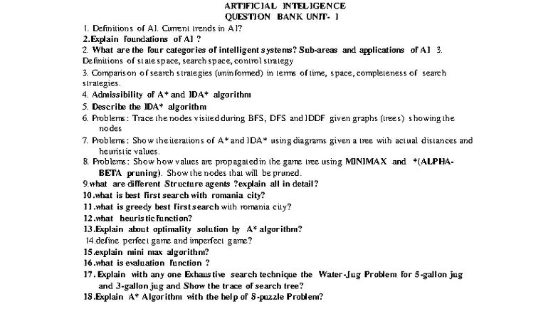 Artificial Intelligence (AI) Important Questions Bank I & II - Studocu