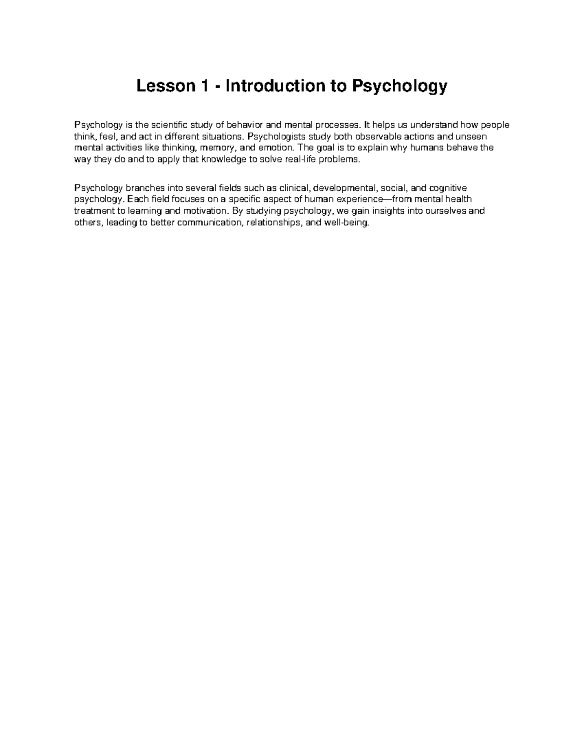 Lesson 1: Intro to Psychology - Understanding Behavior & Mind - Studocu