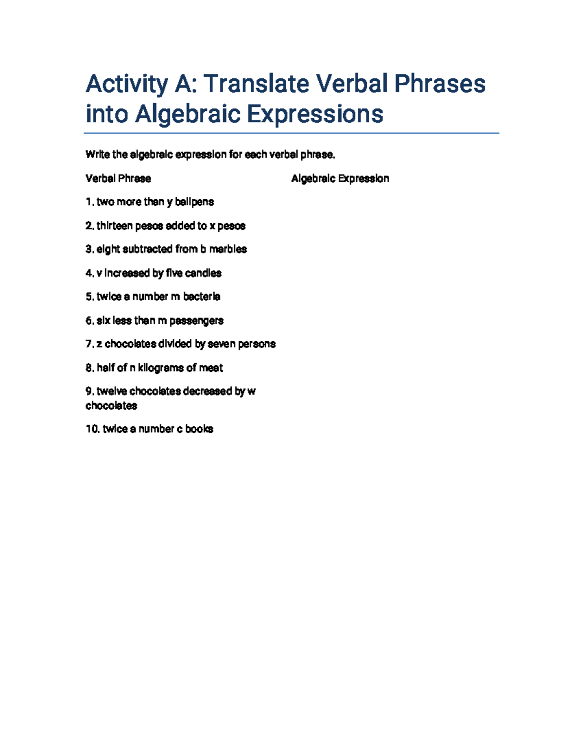 Activity A: Verbal Phrases to Algebraic Expressions - Math 8 - Studocu