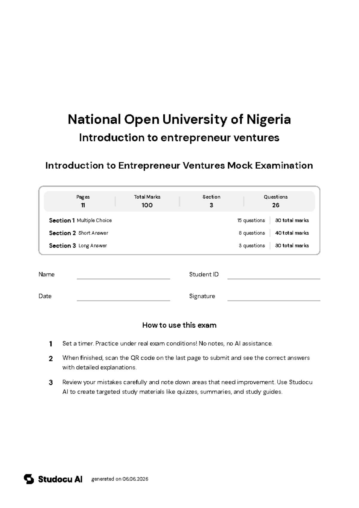 ENT204 Mock Exam: Introduction to Entrepreneur Ventures - Studocu