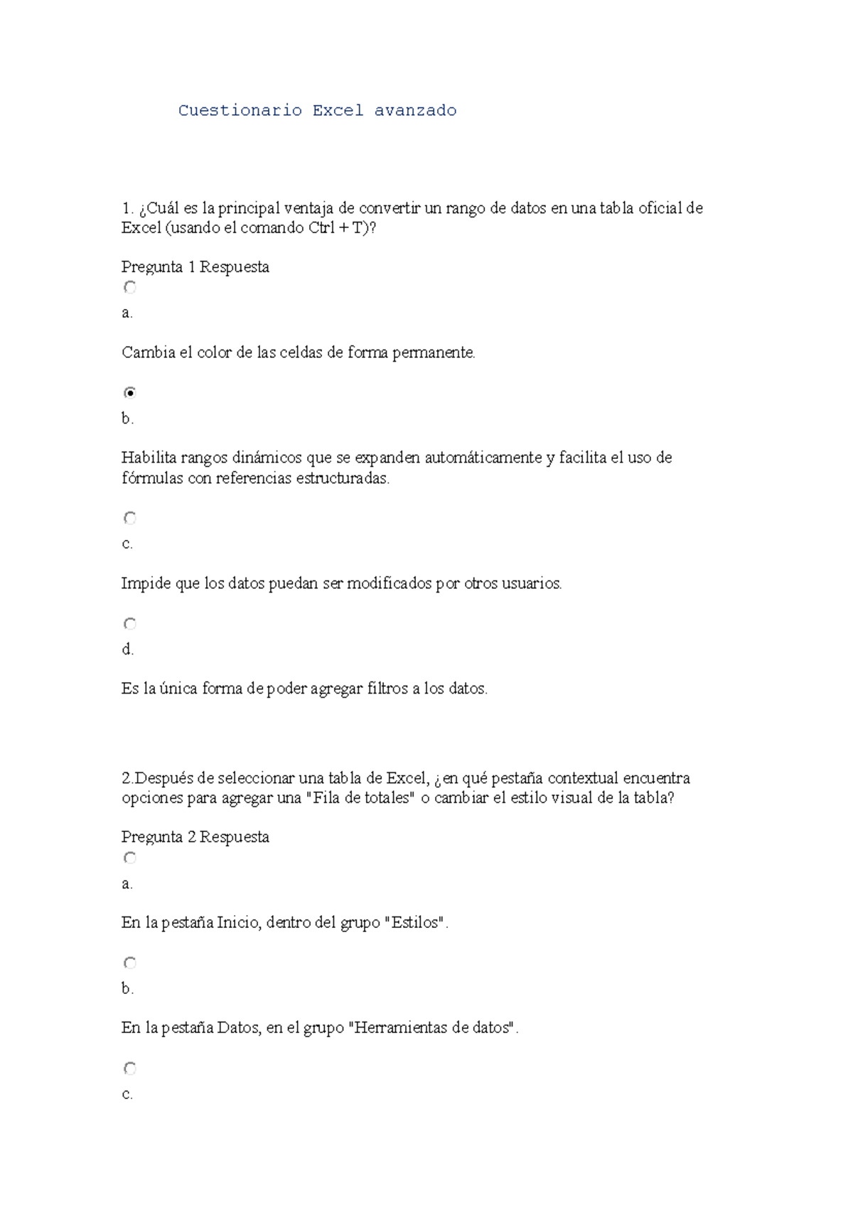 Cuestionario Excel Avanzado 1: Preguntas y Respuestas - Studocu