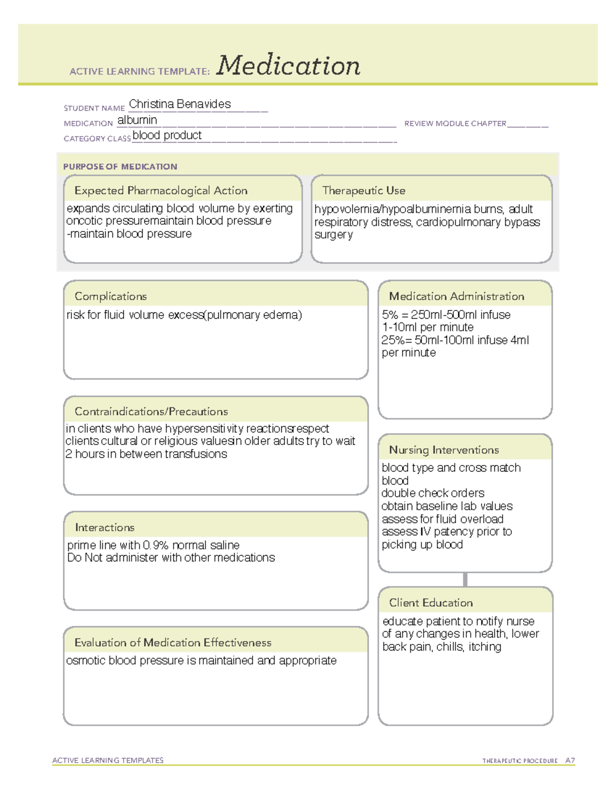 Albumin Medication Card: Therapeutic Procedure Template - Studocu