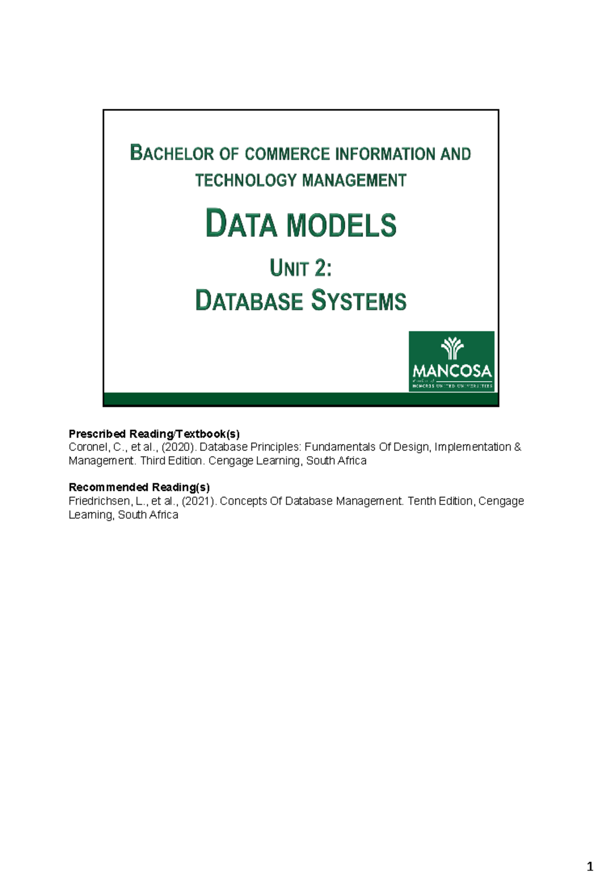 Database Design and Management - Unit 2 Lecture Notes - Studocu