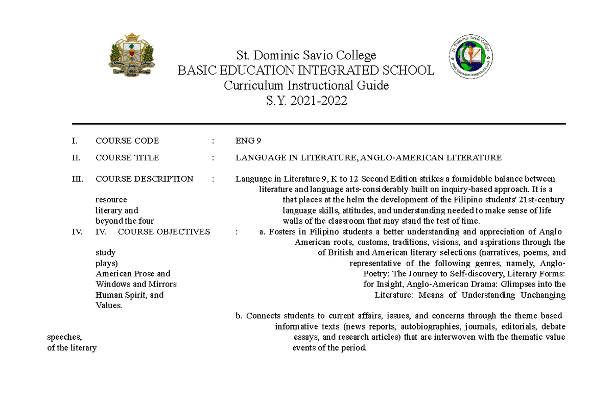 ENG 9 - Curriculum Instructional Guide for Language in Literature - Studocu