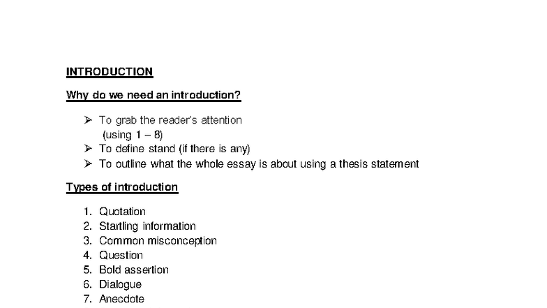 Types of Introductions for Essay Writing: Strategies & Examples - Studocu