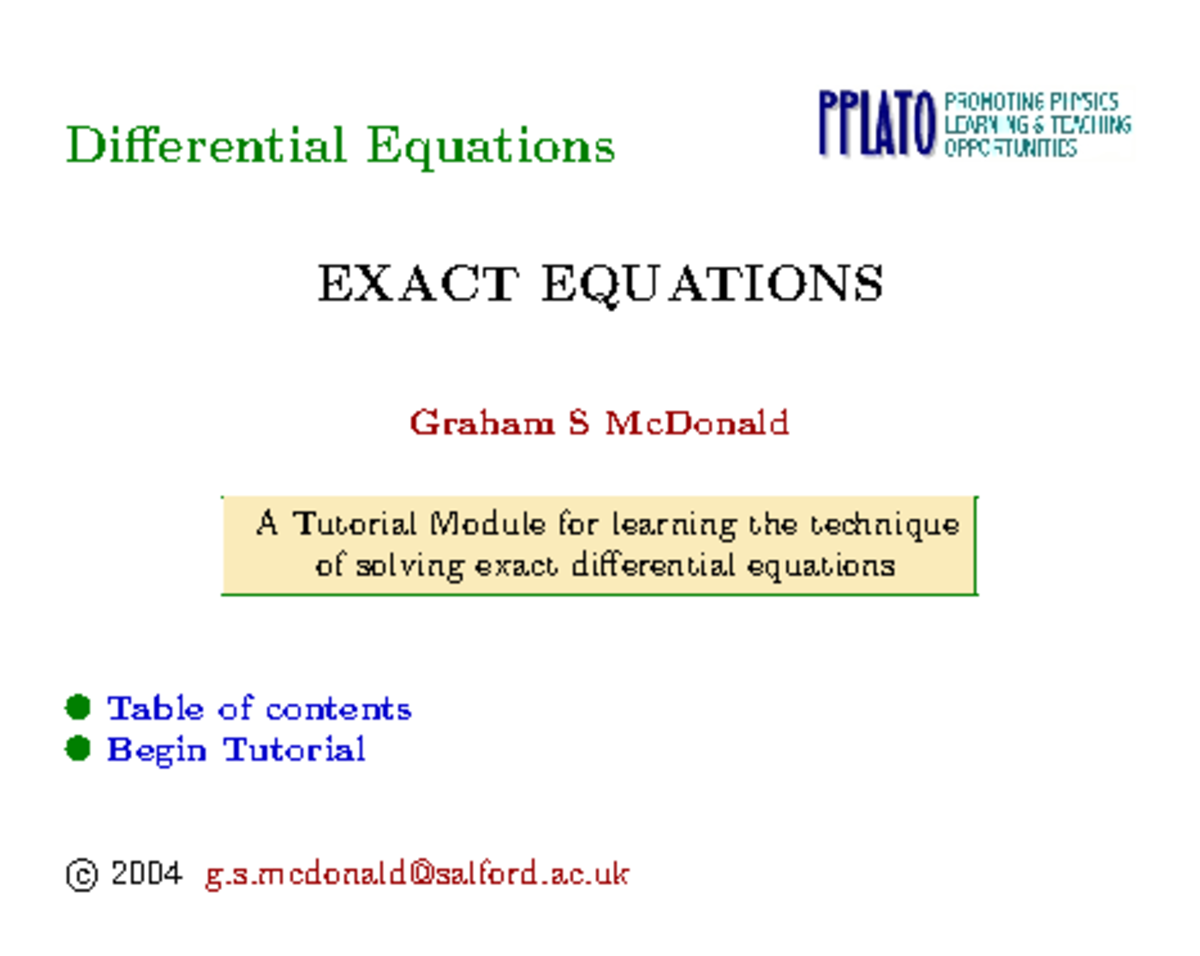 Exact ODEs: A Tutorial on Solving Exact Differential Equations - Studocu
