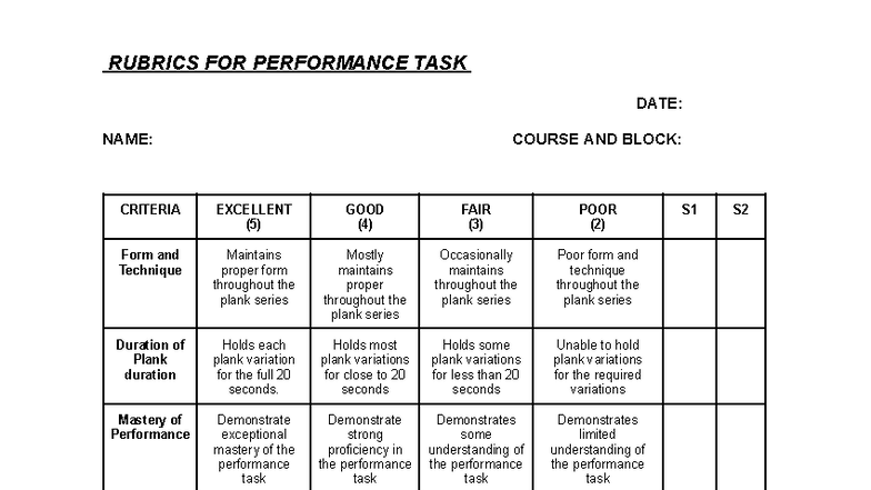 Performance Task Rubric & Score Sheet for PED 030 Plank Series - Studocu