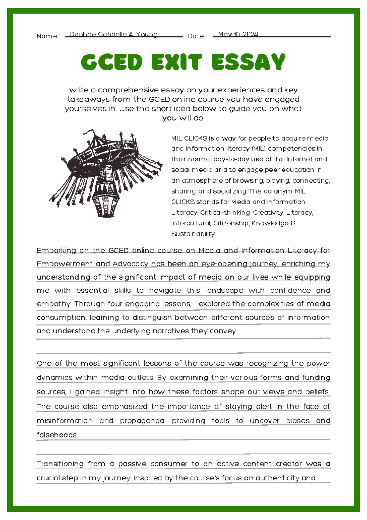 GCED EXIT Essay - write a comprehensive essay on your experiences and ...