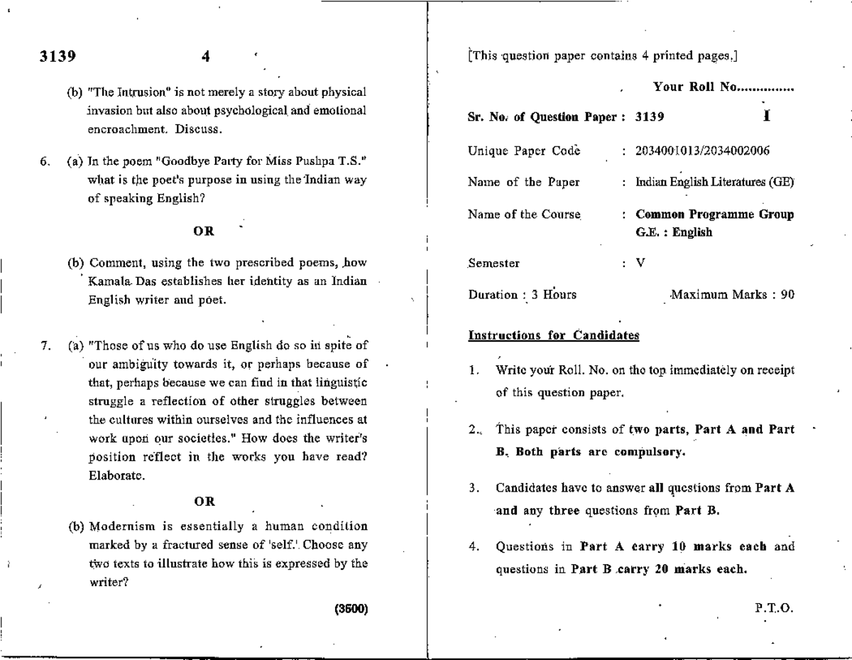 3139 PYQ: Indian English Literature Exam Questions & Analysis - Studocu