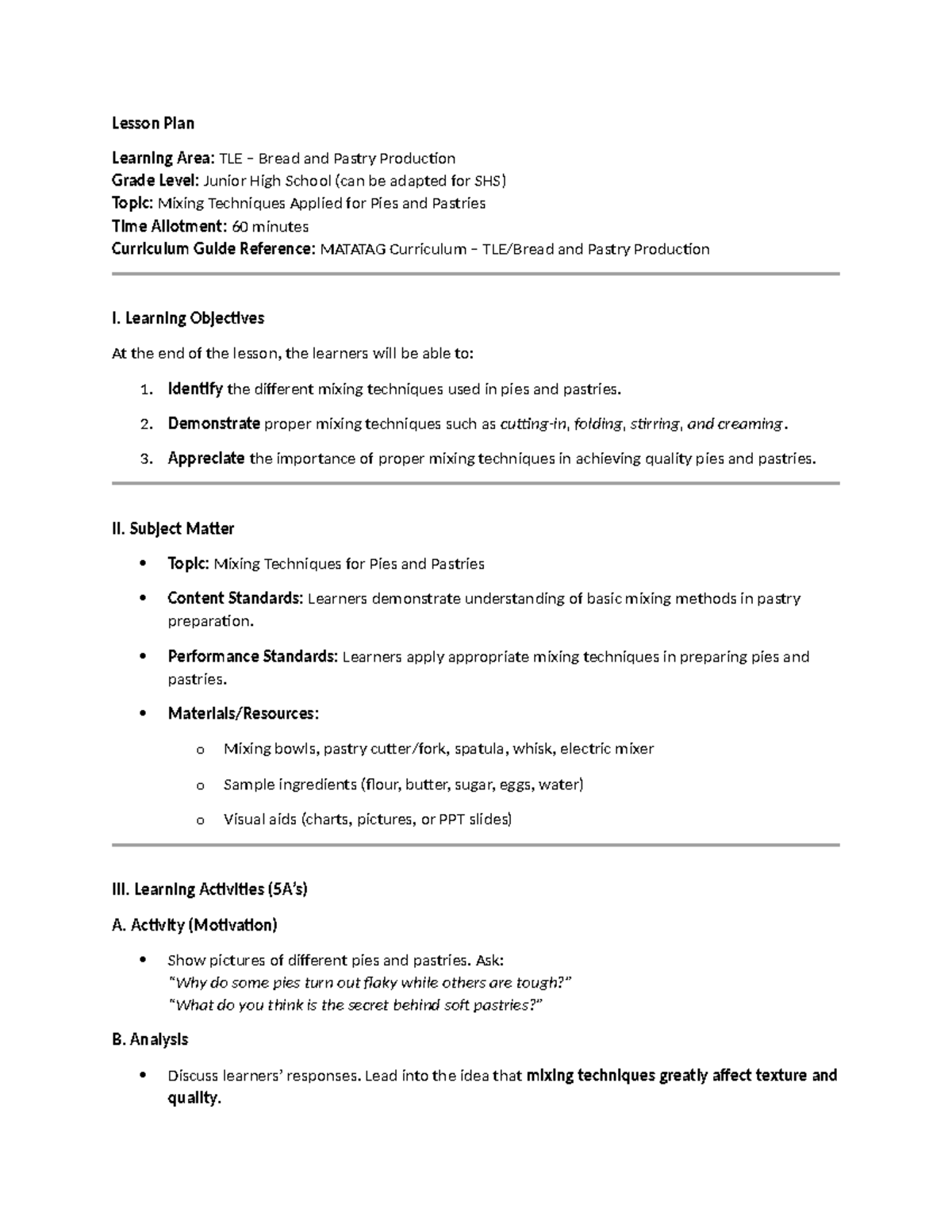 BPP Lesson Plan: Mixing Techniques for Pies & Pastries - Studocu