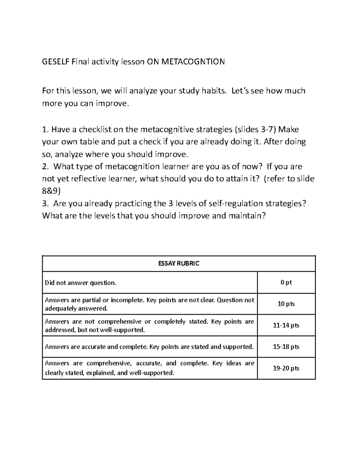GESELF Final Activity: Analyzing Metacognition Strategies - Studocu