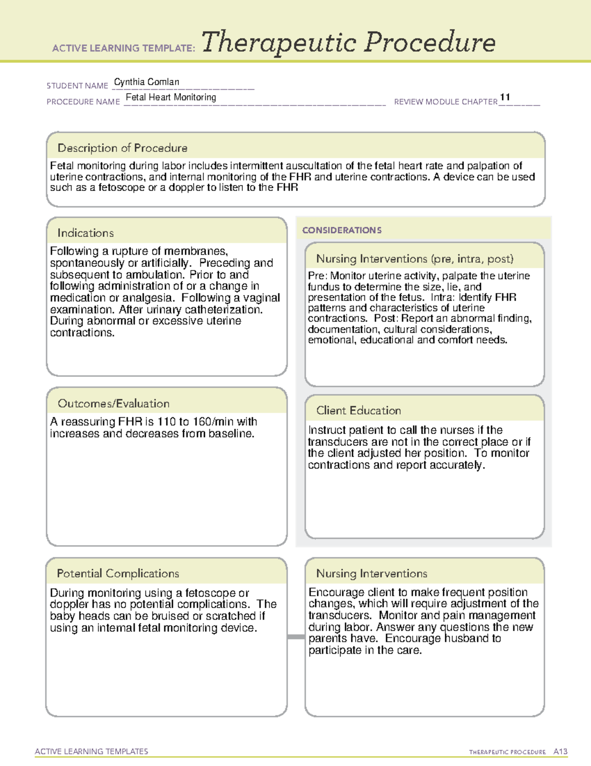 ACTIVE LEARNING TEMPLATE: Fetal Heart Monitoring Procedure A11 - Studocu