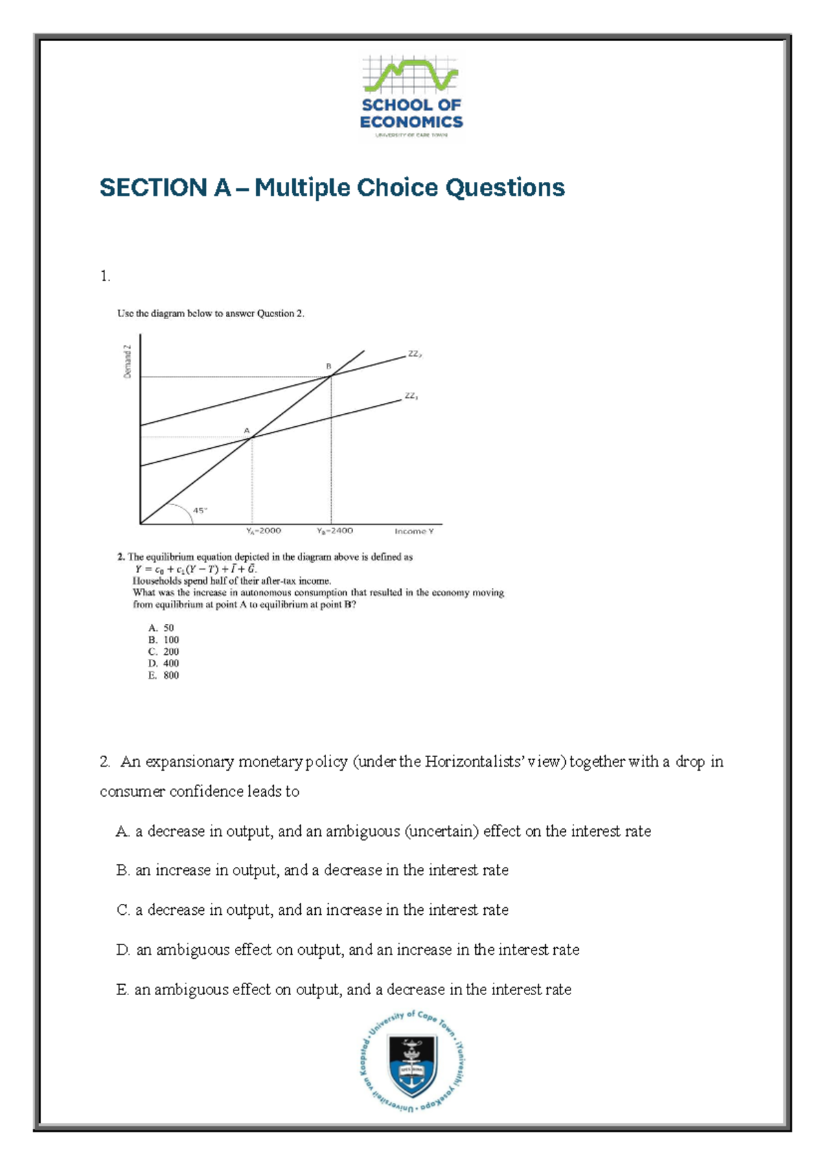 ECO2004 S Class Test 1: Multiple Choice & Economic Models Questions ...