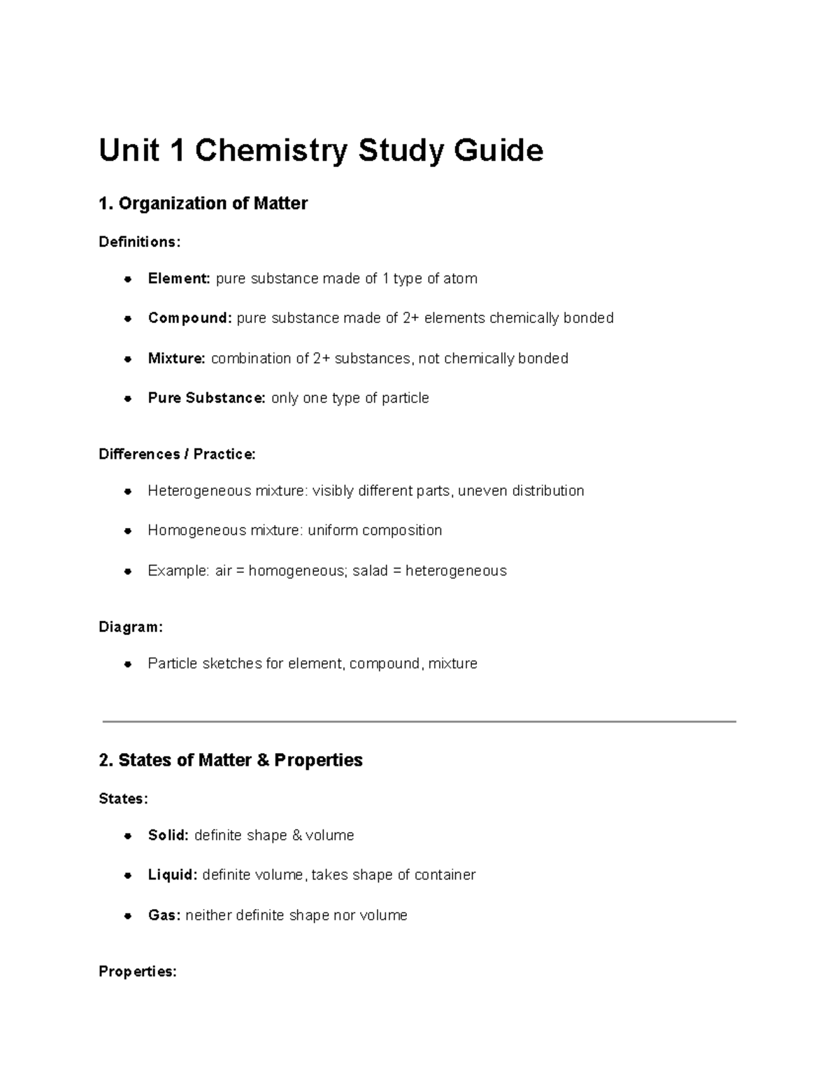 Unit 1 Chemistry Study Guide: Organization of Matter & States - Studocu