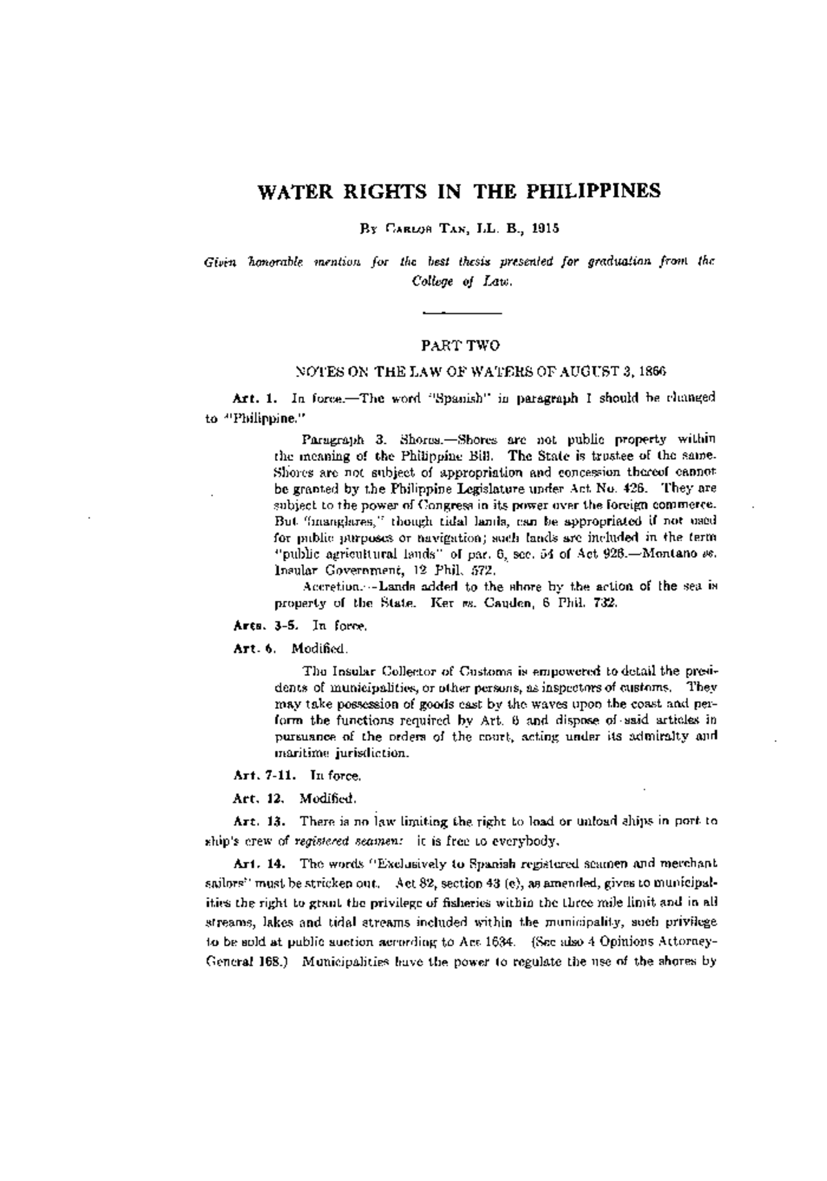 WATER RIGHTS IN THE PHILIPPINES: A THESIS BY CARLOS TAN, LL.B. - Studocu