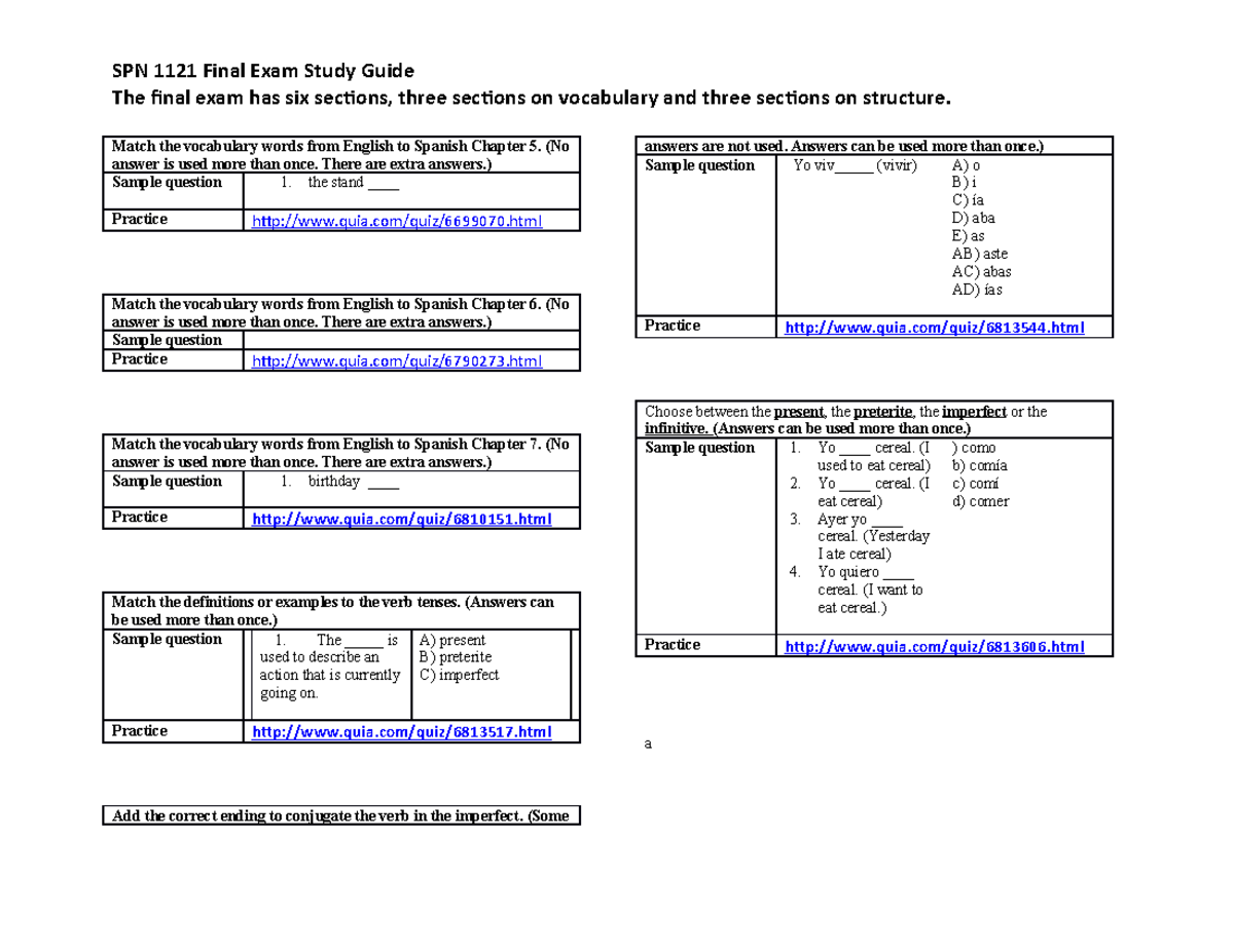 SPN 1121 Final Exam Comprehensive Study Guide - Studocu