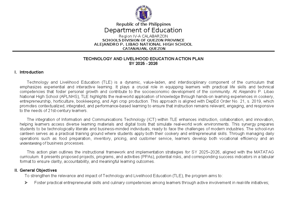 TLE Action Plan SY 2025-2026: APLNHS Quezon Province - Studocu