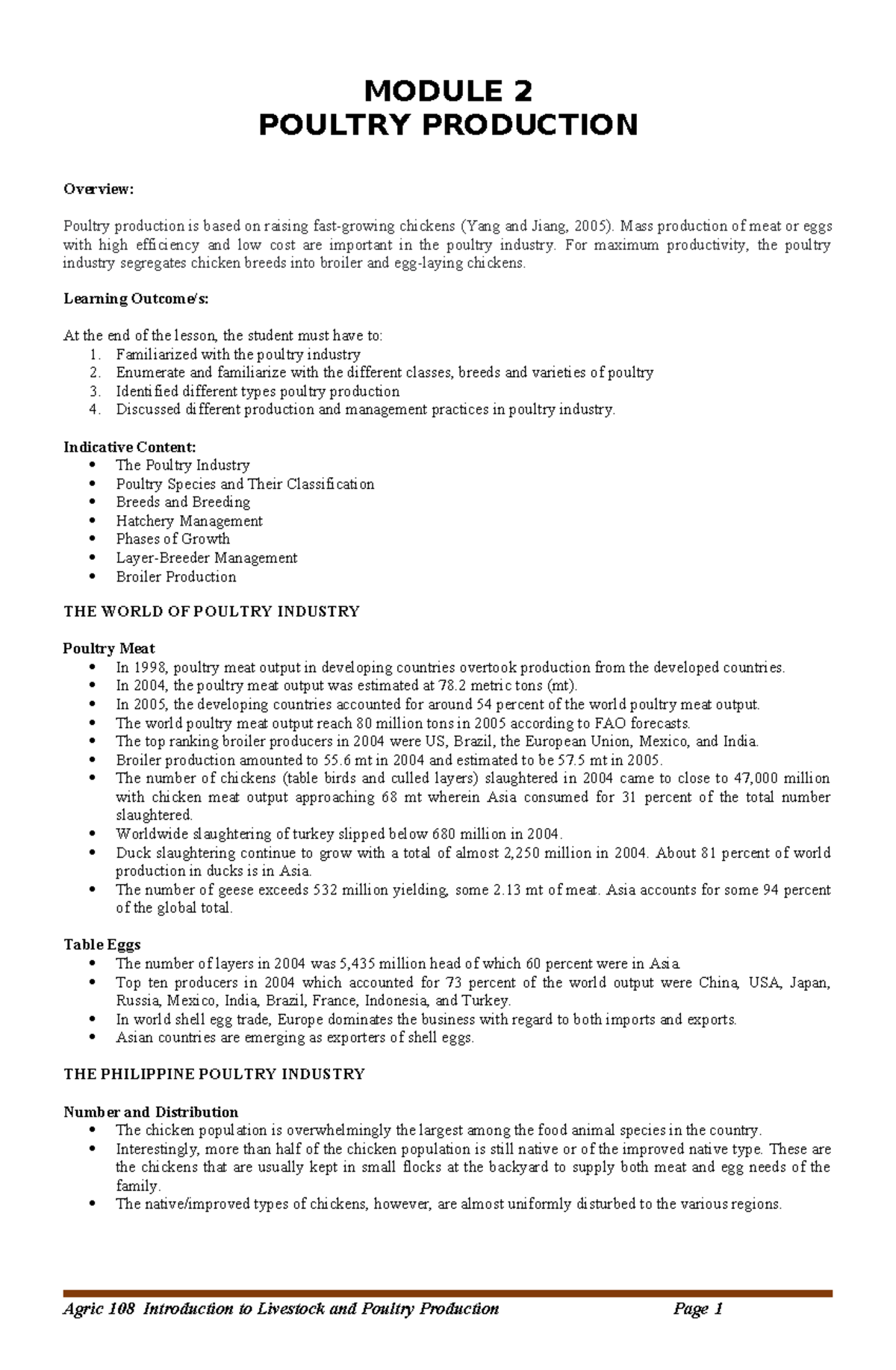 Module 2 Poultry Production - MODULE 2 POULTRY PRODUCTION Overview ...