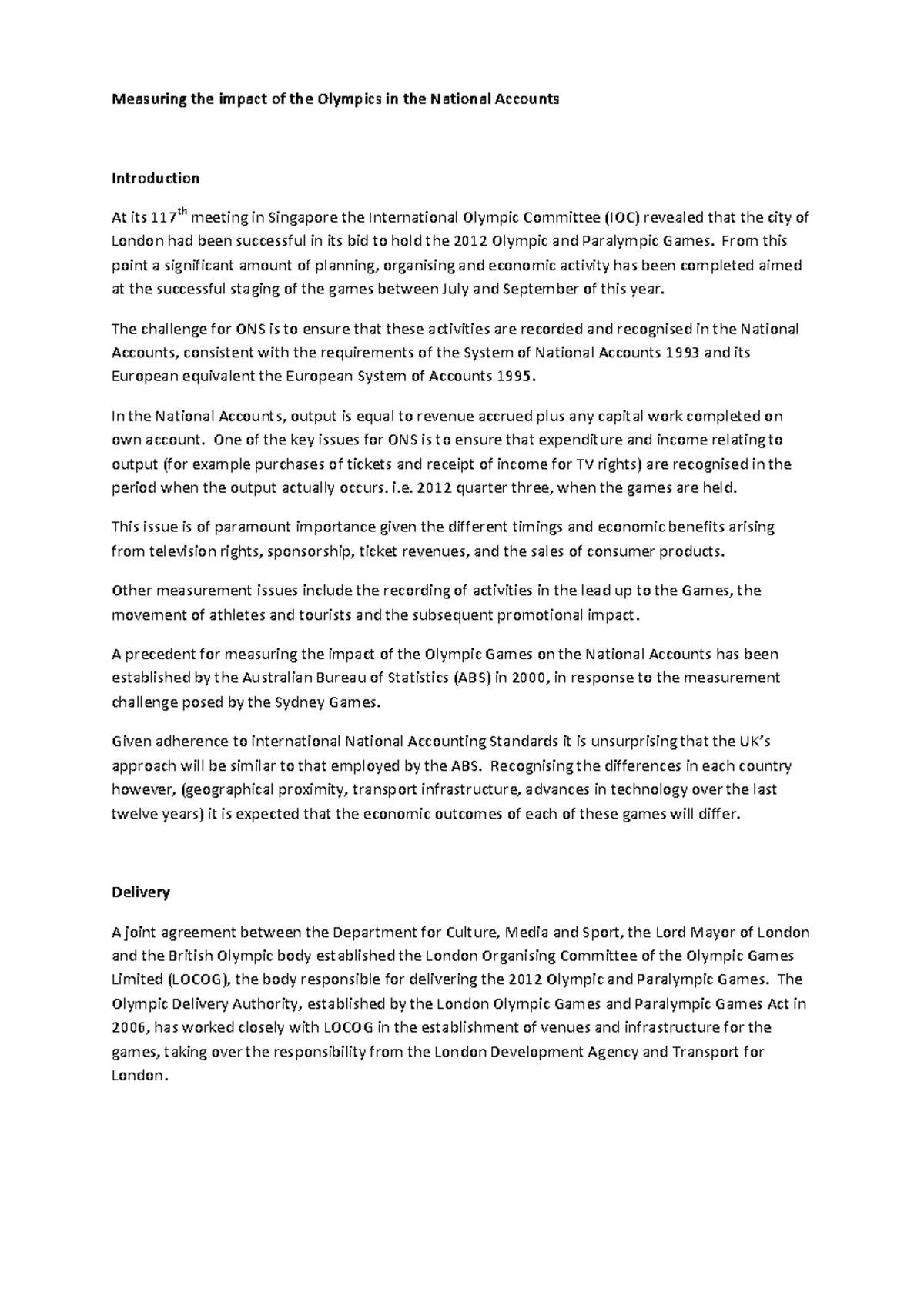 Olympics National Accounts Analysis: Measuring Economic Impact - Studocu