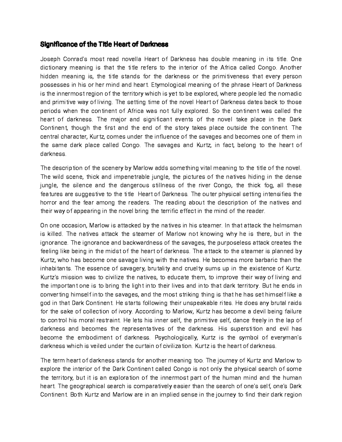 Significance of the Title in Heart of Darkness: A Deep Dive - Studocu