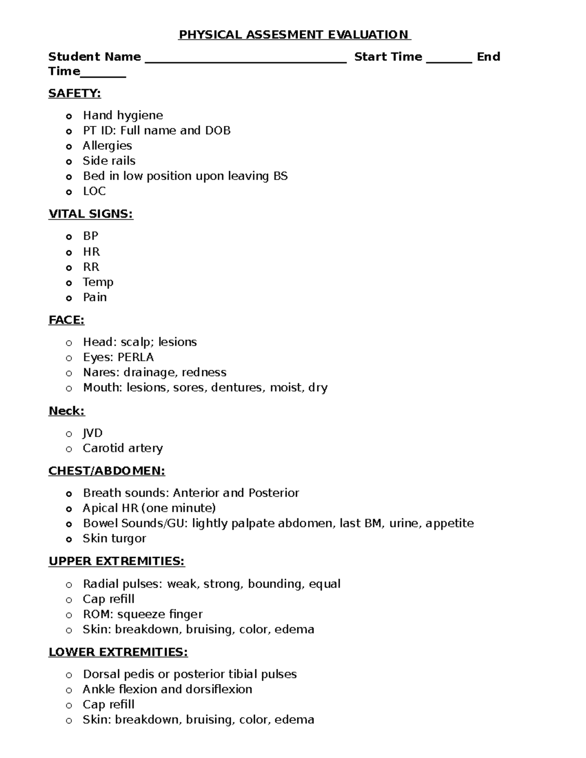 Physical Assessment Evaluation Guide for Nursing Students - Studocu