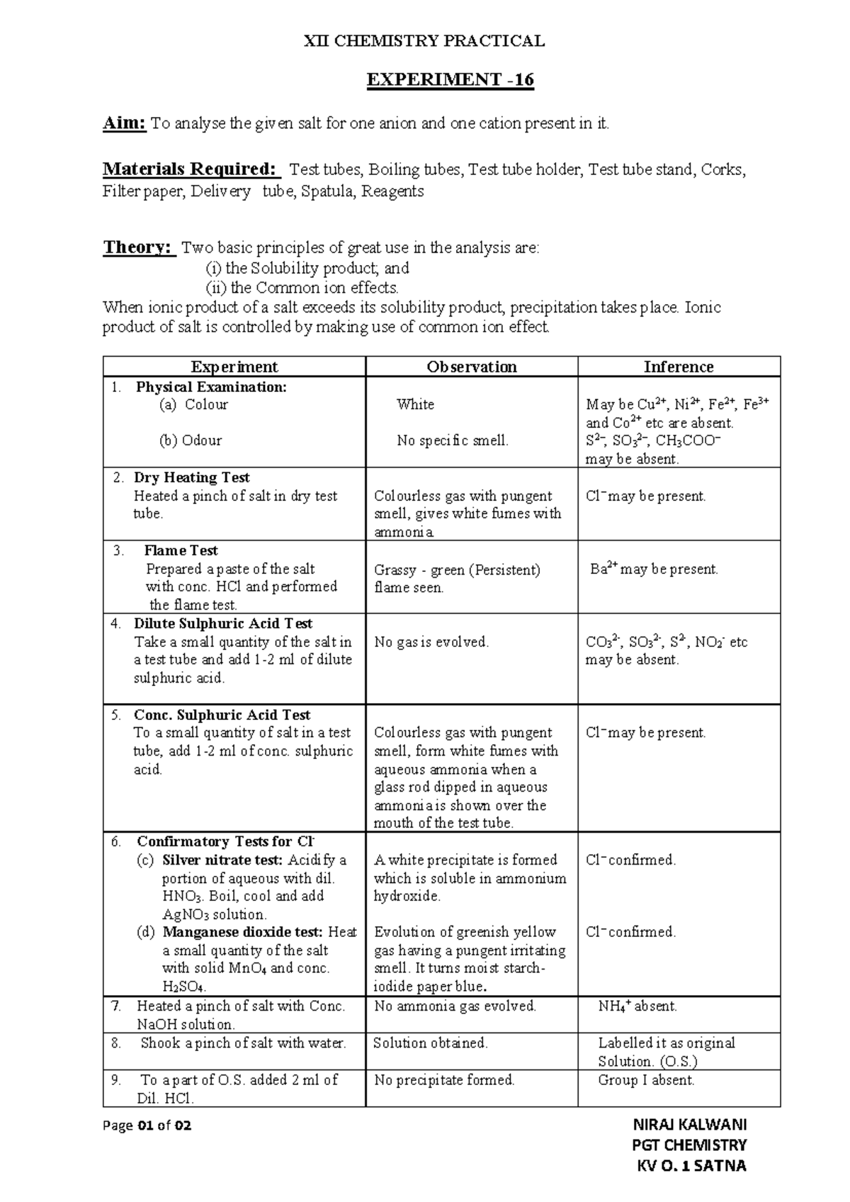 XII CHEMISTRY PRACTICAL: Anion & Cation Analysis Experiment - Studocu