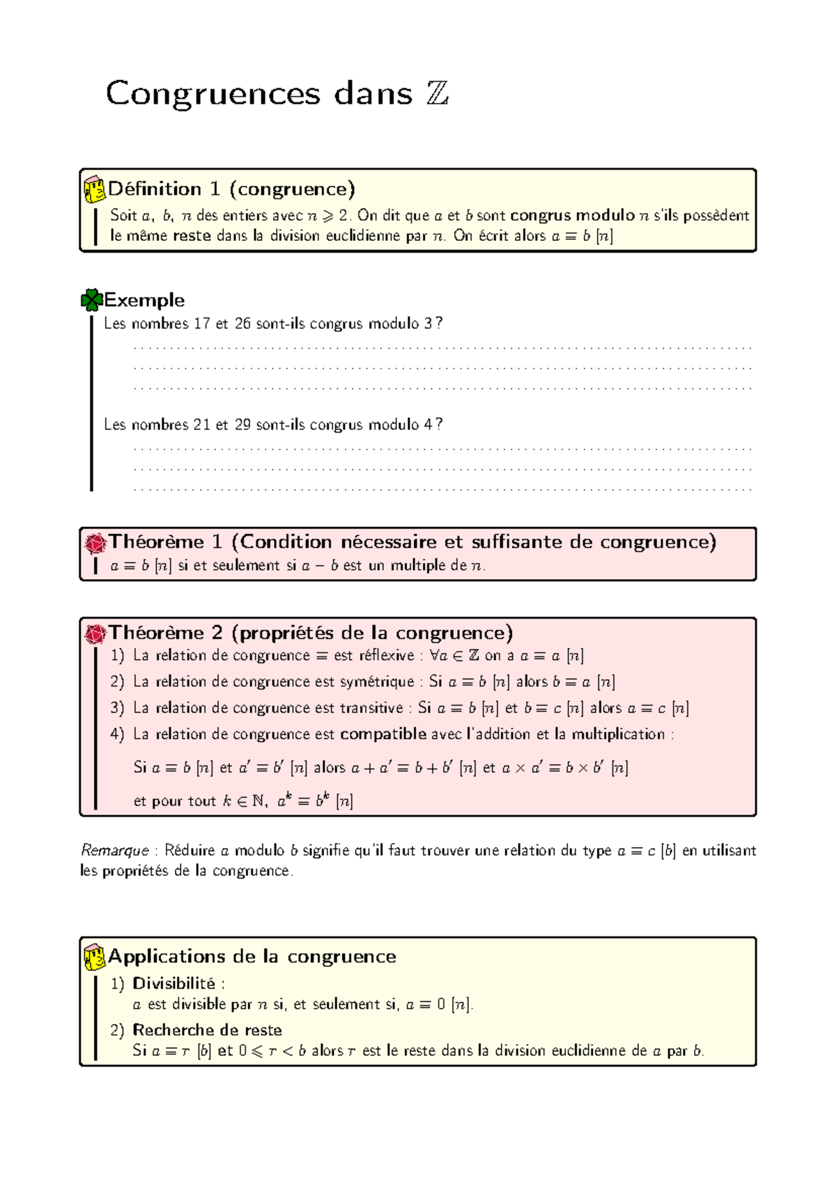 Congruences dans Z - Cours OME sur la congruence et ses propriétés ...