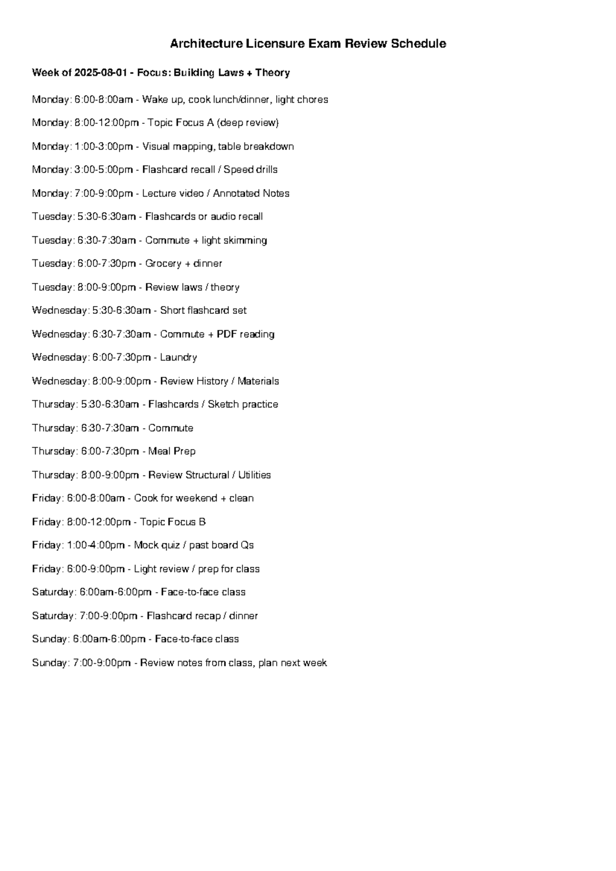 Architecture Licensure Exam Review Schedule: Weekly Focus Plan - Studocu