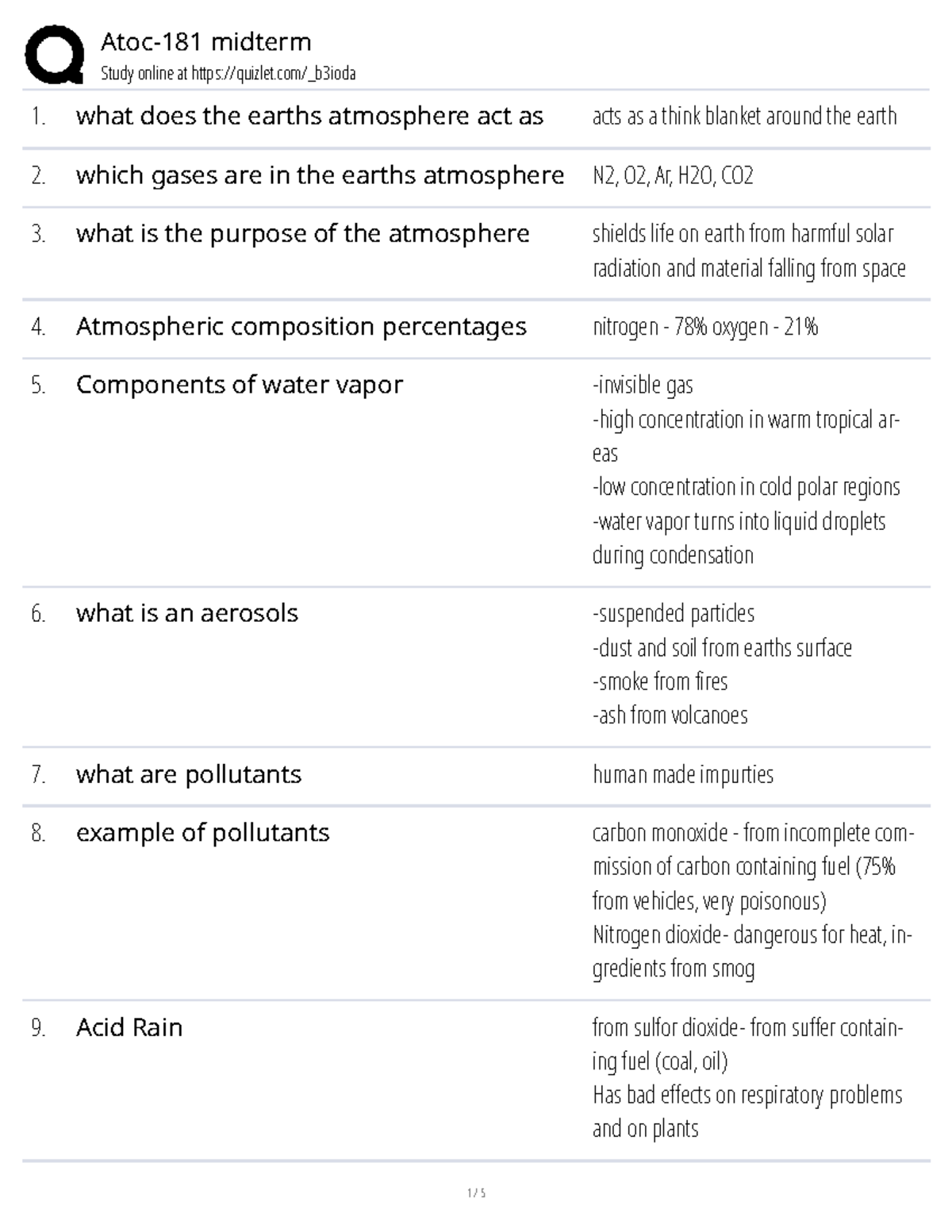 ATOC 181 Midterm Study Flashcards: Earth's Atmosphere & Climate - Studocu