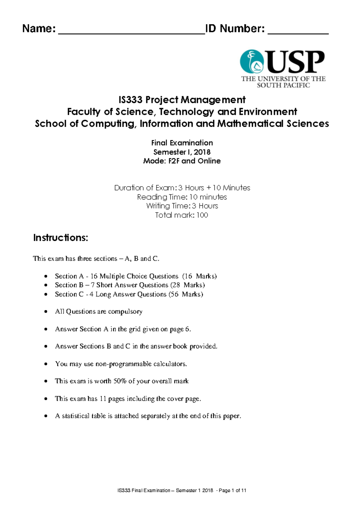 IS333 Final Exam Paper 2018 - Project Management Evaluation - Studocu