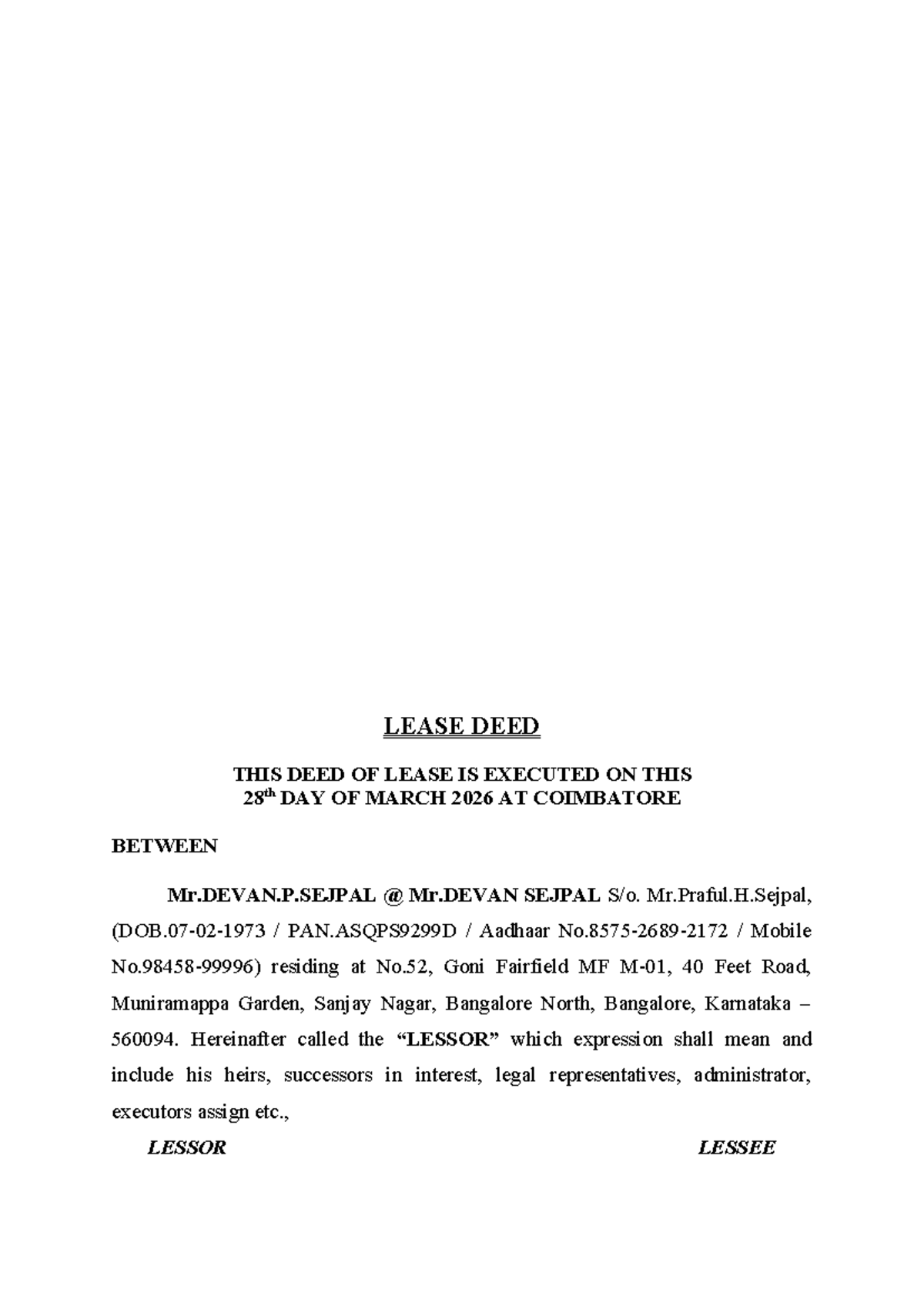 Lease Deed for Property in Sanganur, Coimbatore - 2026 - Studocu