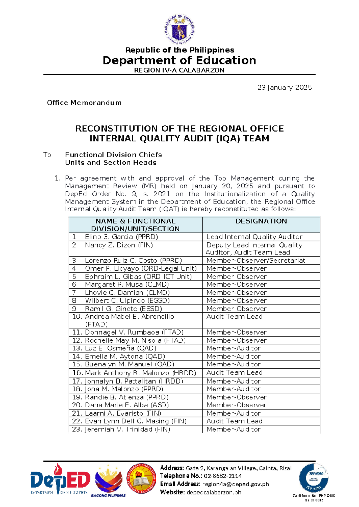 sample office memo - Certificate No. PHP QMS 22 93 0085 Address: Gate 2 ...