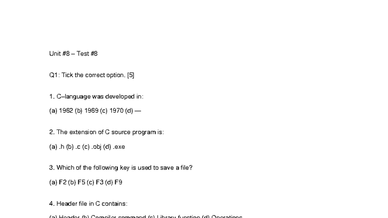 Unit Test Q1: Computer Science Test Paper Questions and Answers - Studocu