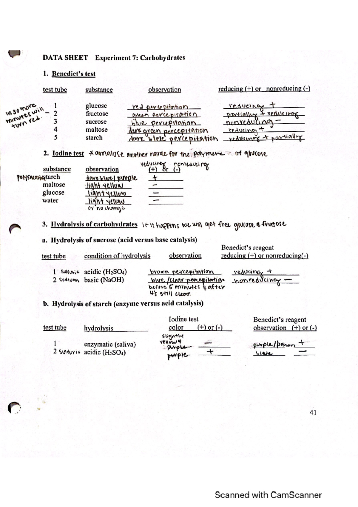 Experiment 7: Carbohydrates - DATA SHEET Experiment 7: Carbohydrates 1 ...